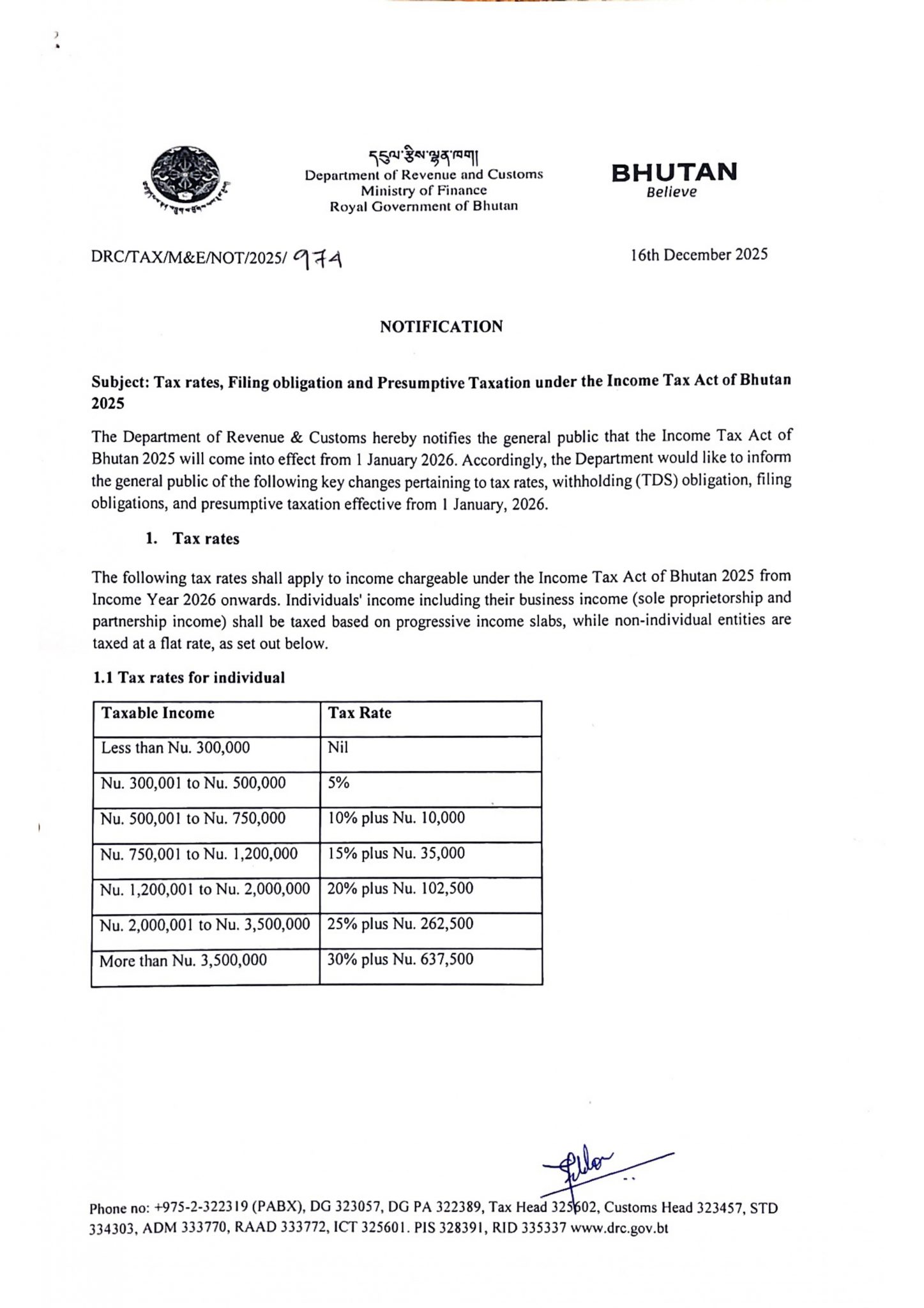 Public Notification: Tax rates, Filing obligation and Presumptive ...